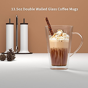 HORLIMER Double Walled Glass Coffee Mugs, 13.5oz Insulated Clear Coffee Cups with Handle Set of 2, Perfect for Espresso, Cappuccino, Latte, Tea, Hot Beverages