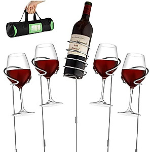 Wine Bottle & Cup stakes Holder Rack - Adjustable Height to 36 INCHES, Durable Metallic Frame, Sturdy Base & Secure Grip | Holds Bottles Of Wine, Beer,Champagne,Beverages,Glasses& More 5 Pieces Set