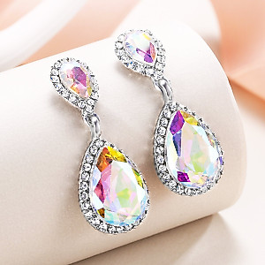 EVER FAITH Women's Austrian Crystal Wedding Tear Drop Dangle Earrings Iridescent AB Silver-Tone