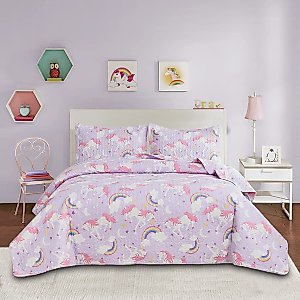 Girls Quilt Bedding Twin Size Bedspread Unicorn Bedding Kids Quilt Bedspread Twin Quilts Girls Bed Set Lightweight Reversible Quilt Girls Bedspread Coverlet Purple Rainbow Unicorn Animal Quilts