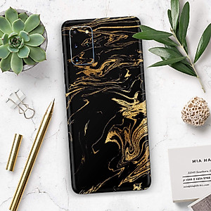 DesignSkinz Black & Gold Marble Swirl V12 Protective Vinyl Decal Wrap Skin Cover Compatible with The Samsung Galaxy S20 (Screen Trim & Back Glass Skin)