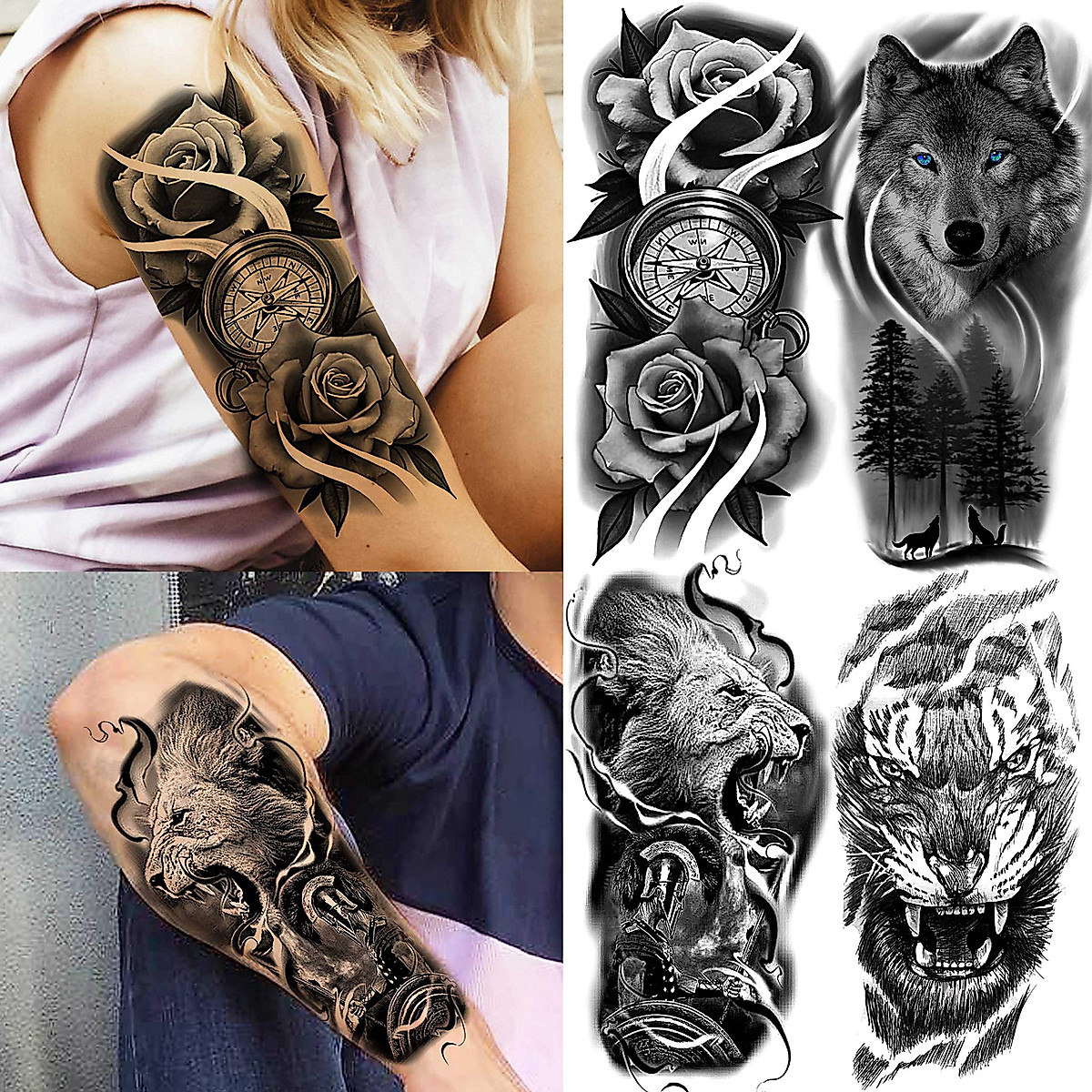 FANRUI 22 Sheets Realistic Black Animals Temporary Tattoos For Women Men Half Arm Sleeve, 3D Large Tribal Tiger Lion Death Skull Fake Tattoo Stickers Halloween, Flower Compass Wolf Owl Tatoos Anchor
