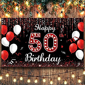 50th Birthday Decoration Backdrop Banner, Happy 50th Birthday Decorations for Women, Red Black white 50 Years Old Birthday Party Photo Booth Props, 50 Birthday Sign for Outdoor Indoor, Fabric Vicycaty