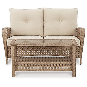 Signature Design by Ashley Braylee Outdoor 2 Piece Patio Driftwood Resin Wicker Cushioned Loveseat and Table, Rustic