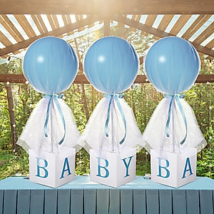 Wettarn 4 Set 24'' Tulle Tutu Balloon with Candy Cake Dessert Box for Baby Shower Wedding Table Centerpieces Party Decor Balloon White Tulle Cover for Wedding Girl and Boy (Boy)