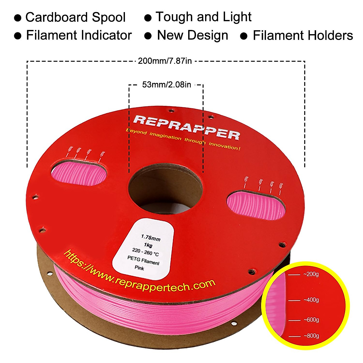 RepRapper Pink PLA 3D Printer Filament 1.75mm (± 0.03mm) 2.2lb (1kg) Cardboard Spool, Fit Most FDM Printer