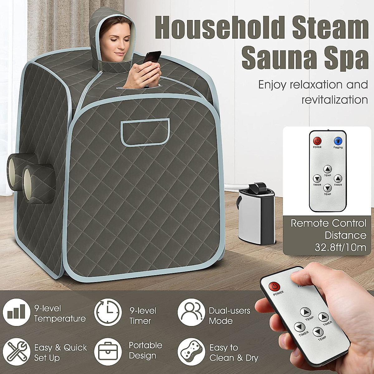 COSTWAY Portable Steam Sauna, Remote Control, 3L Steamer, Foldable Sauna Spa with 9 Temperature and 90 Mins Timer, Atomization, Personal Sauna Hat Tent for Detox Relaxation (Grey)