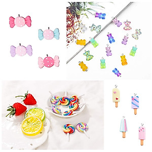 ZOCONE Colorful Candy Pendant Charm, 60 Pcs Mixed Cute Charms Set Contains Gummy Bear Charms Ice Cream Sweet Candy Pendants Lollipop Shape Polymer Clay Charms, Resin Charms for Jewelry Making
