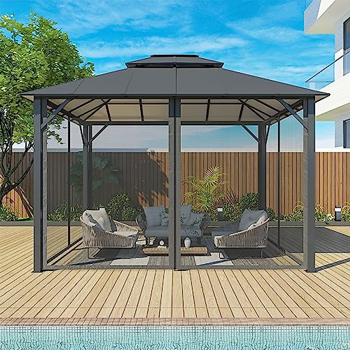 MONDAWE 10x12Ft Hardtop Gazebo Double Aluminum Composite Roof Patio Outdoor Canopy Grand Gazebo Permanent Pavilion Aluminum Frame with Netting Pergola for Patio Lawn Garden