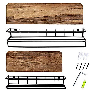 QEEIG Bathroom Shelves Over Toilet - Floating Wall Shelf with Towel Bar Farmhouse Set of 2, Rustic Brown (FS626)