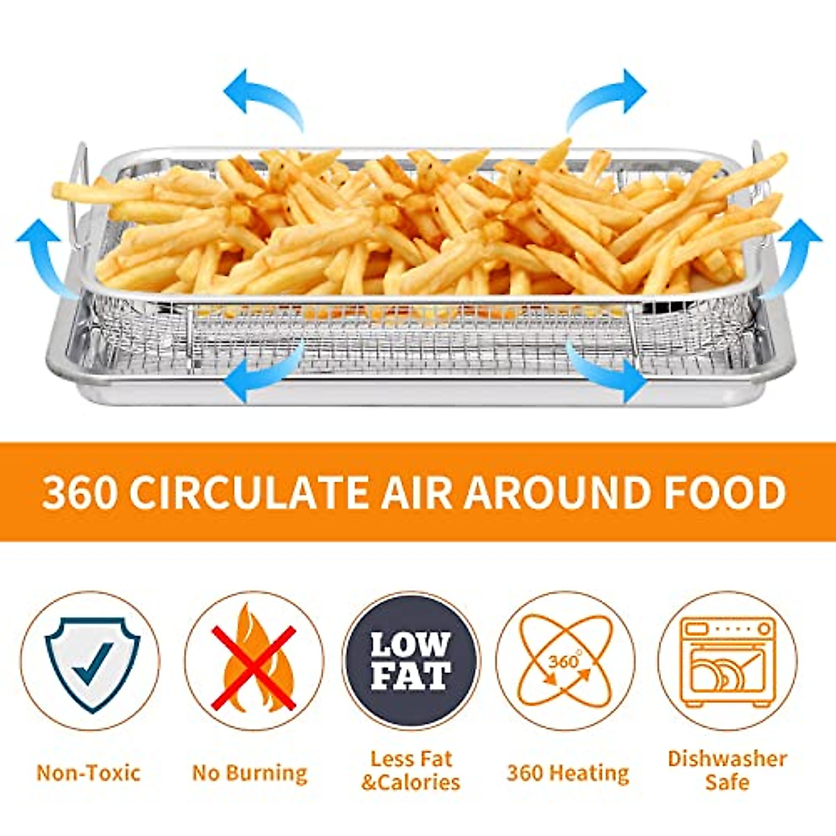 Ingcebo 13x9.6 Inch Stainless Steel Air Fryer Basket for Oven, Toaster Oven Crisper Tray, Air Fryer Basket for Convection Oven Cooking Baking Cooling, 2-Piece Set for Fries/Bacon/Chicken(Silver)