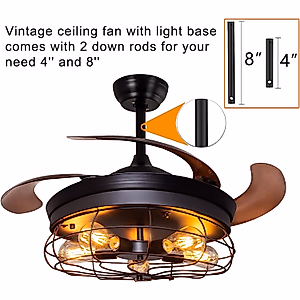 Ohniyou Retractable Blades Ceiling Fan with Lights and Remote, Rustic Industrial Ceiling Fan Ideal for Farmhouse, Patio, Kitchen, Bedroom, Living Room (42 Inches, Black)