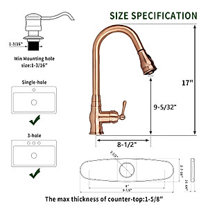 Copper Kitchen Faucet with Soap Dispenser, Single Handle Solid Brass High Arc Pull Down Sprayer Head Kitchen Sink Faucets with Deck Plate