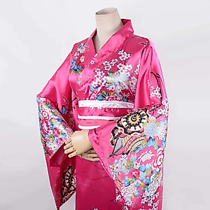 Women's Floral Print Traditional Japanese Kimono Goldfish OBI Blossom Costume Set Belt Robe