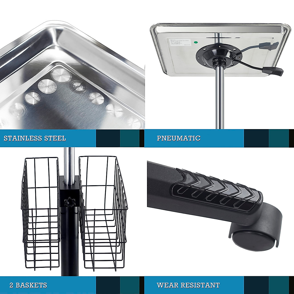 Pneumatic Stainless Steel Instrument Tray on Wheels - Pneumatic Height Adjustable Styling Cart with Organizer - Stainless Steel Aesthetician Cart, Tattoo Tray Table, Medical Tray on Wheels