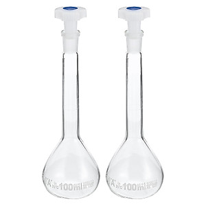 PATIKIL 100ml Volumetric Flask, 2Pcs 3.3 Borosilicate Glass Graduated Volumetric Measuring Flask with Plug Cap Tolerance 0.1ml for Lab Experiment, Clear
