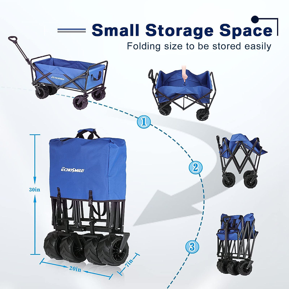 EchoSmile Heavy Duty 350 Lbs Capacity Collapsible Wagon, Outdoor Folding Camping Beach Wagons, Grocery Portable Utility Cart, Adjustable Rolling Carts, All Terrain Sports Wagon with Big Wheels