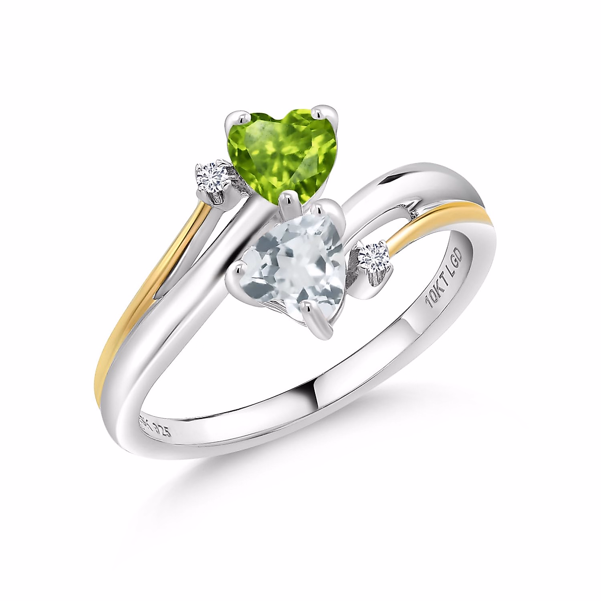 925 Sterling Silver and 10K Yellow Gold Green Peridot Sky Blue Aquamarine and Lab Grown Diamond 2 Heart Couple Engagement Mother Ring (0.94 Cttw, Gemstone Birthstone, Available In Size 5, 6, 7, 8, 9)