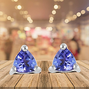 Trillion Blue Tanzanite Gemstone Jewelry Solitaire Stud December Birthstone Earrings 925 Sterling Silver Platinum Plated Birthday Gifts for Women Cttw 1.1