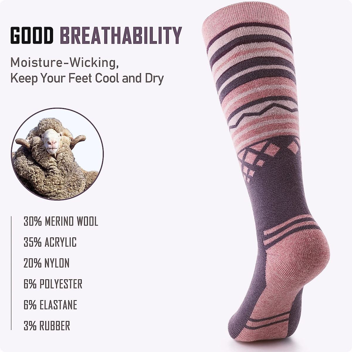 OutdoorMaster Ski Socks 2-Pack Merino Wool, Non-Slip Cuff for Men & Women - Fringes, L/XL