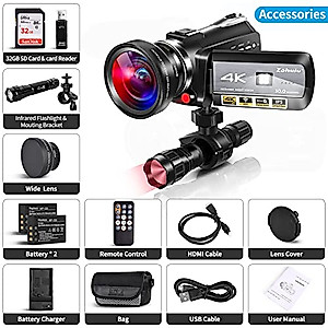 4K Video Camera Camcorders 30MP Ultra HD Infrared Night Vision Wifi Vlogging Camera for YouTube 30X Digital Zoom Touch Screen Camera Recorder with Wide-Angle Lens,32GB SD card、Infrared Flashlight