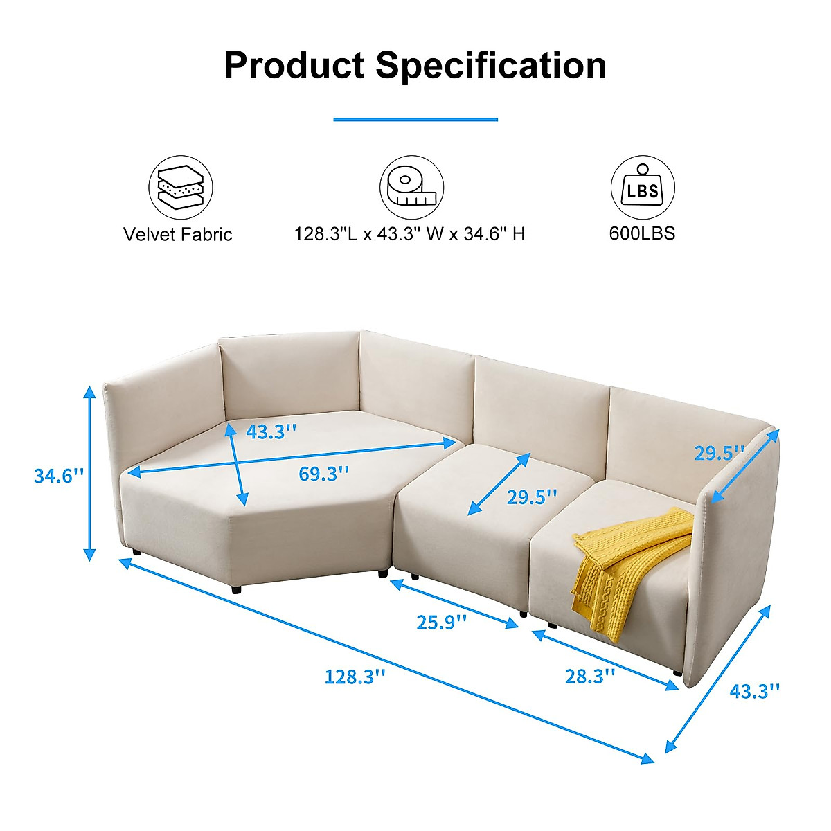 PUREMIND Velvet Curved Sectional Sofa for Livring Room,128" Large Modern Sectional Couch w Chaise,Modular Sofa w Adjustable Armrest and Backrest, Curved Sofa Couch for Living Room, Beige