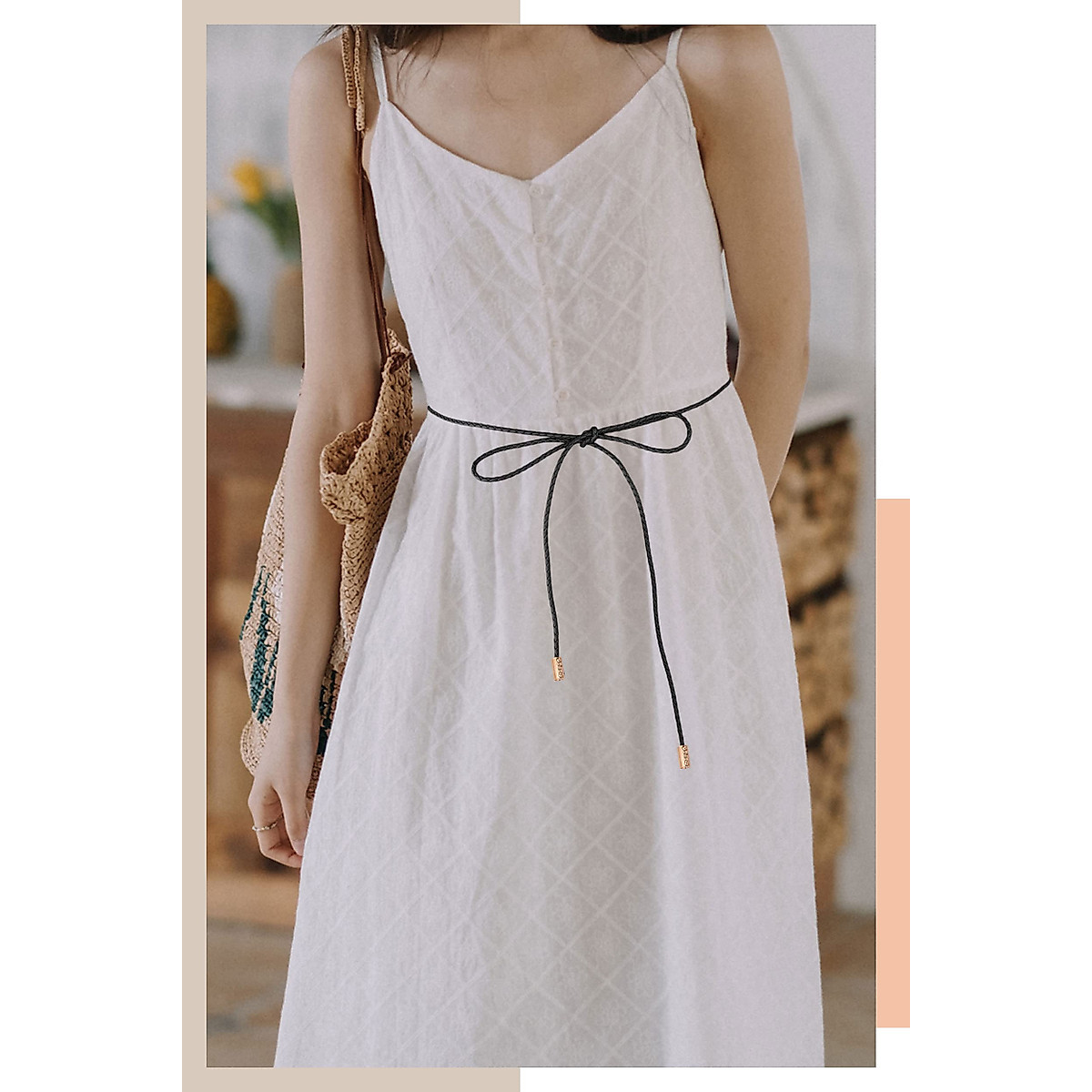 TeeYee Women PU Leather Knitted Waist String Belt/Rope/Chain Long Boho Wrap Skinny Belt (one size, black)