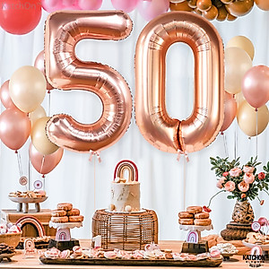 KatchOn, Rose Gold 50th Birthday Balloons - Giant, 40 Inch | 50 Balloon Number | 50th Anniversary Decorations