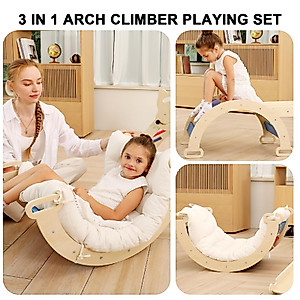 Ymonlia 2 in 1 Montessori Climbing Arch for Toddlers,Rainbow Wooden Climbing Arch Rocker& Cushion,Pillow for Arches，Climbing Triangle Ramp,Montessori Climbing Gym for Kids 0-8