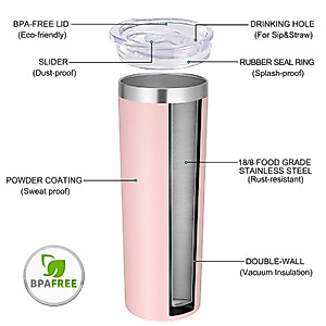 VEGOND Stainless Steel Skinny Tumbler, 20 oz Vacuum Insulated Tumbler with Lid and Straw, Double Wall Coffee Cup, Travel Mug for Cold Hot Drinks, Light Pink 1 Pack