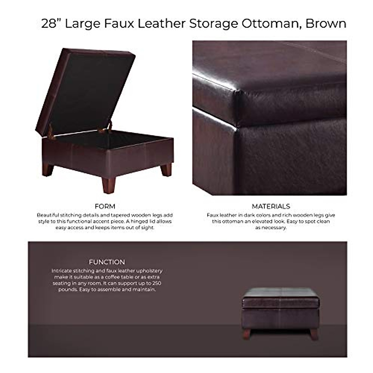 Homepop Home Decor |K2380-E155 | Luxury Large Faux Leather Square Storage Ottoman | Ottoman with Storage for Living Room & Bedroom, Distressed Brown