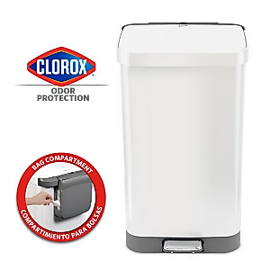 Glad Stainless Steel Step Trash Can with Clorox Odor Protection | Large Metal Kitchen Garbage Bin with Soft Close Lid, Foot Pedal and Waste Bag Roll Holder, 20 Gallon, White
