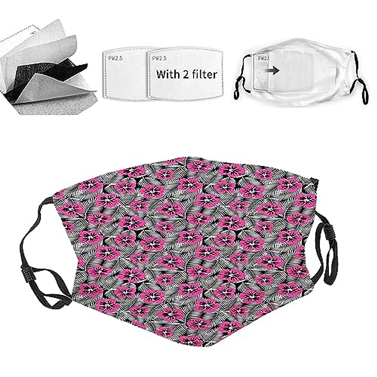 SARNFANS Luau Adult Reusable Face Mask,Hibiscus Petals Over Floral,5-Ply Breathable Safety Unisex Adults Fashion Facial Face Masks for Women Men,Pink Black White