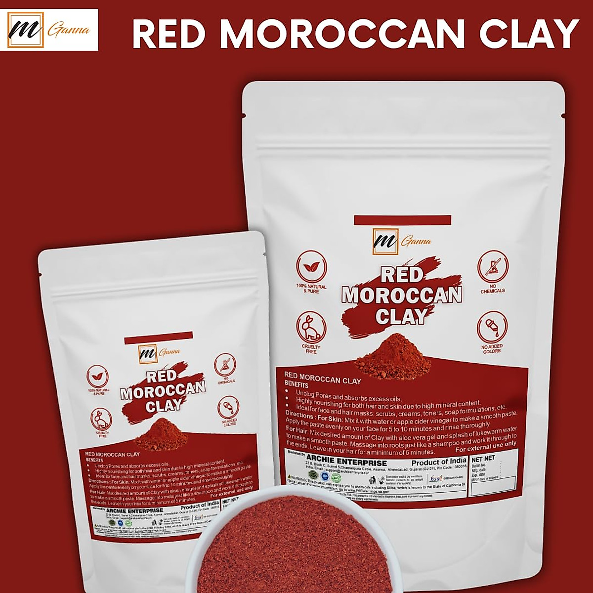 mGanna 100% Natural Moroccan Red Clay Powder for Hair Masks, Scrubs, Creams and Soap Making 0.5 LBS / 227 GMS