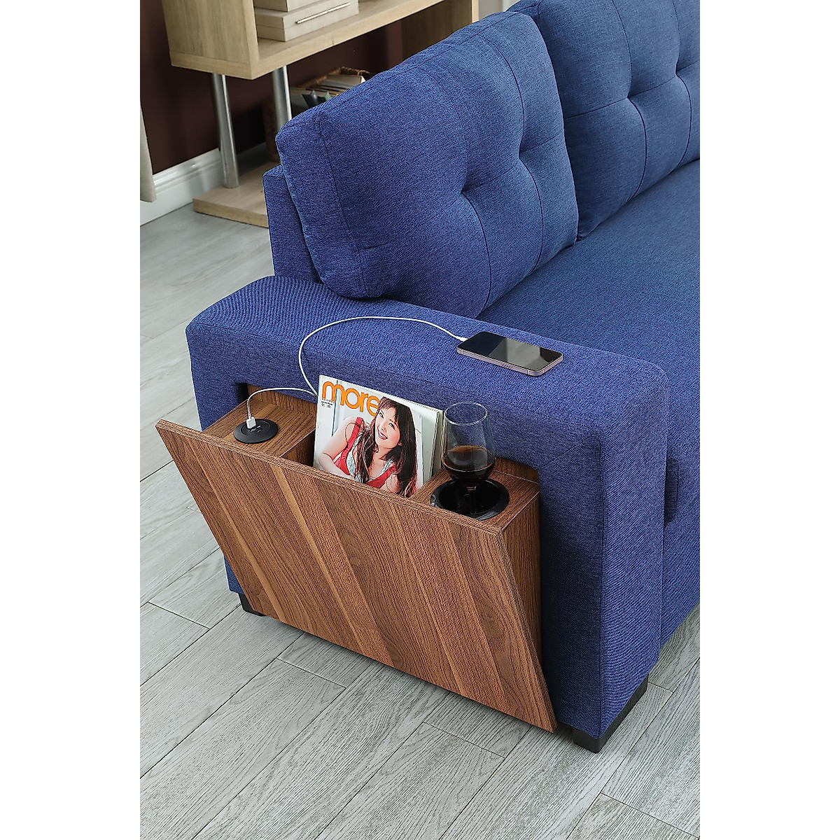 RENDGO 92 inch L-Shape Sectional Sleeper Sofa with Chaise Storage and Pull-Out Bed, Tufted Linen Backrest, Reversible 3-Seater for Living Spaces, Blue