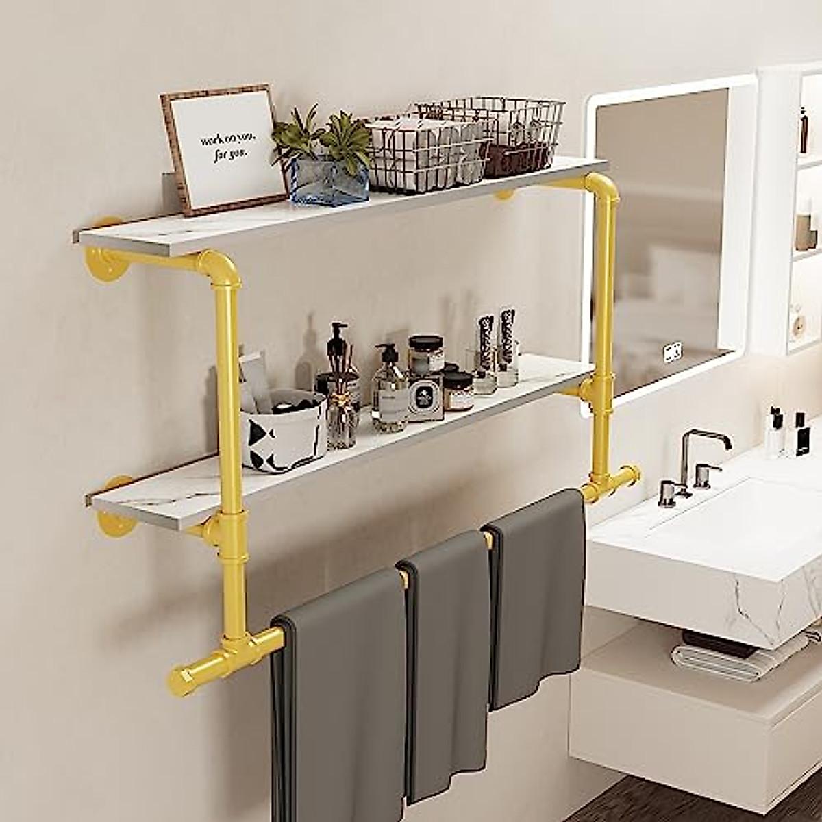 MOUTIK Wall Clothing Rack Gold - 46" Long Industrial Pipe Garment Rack with 2 Tier Shelves, Heavy Duty Iron Clothes Rod Retail Display for Bedroom, Laundry