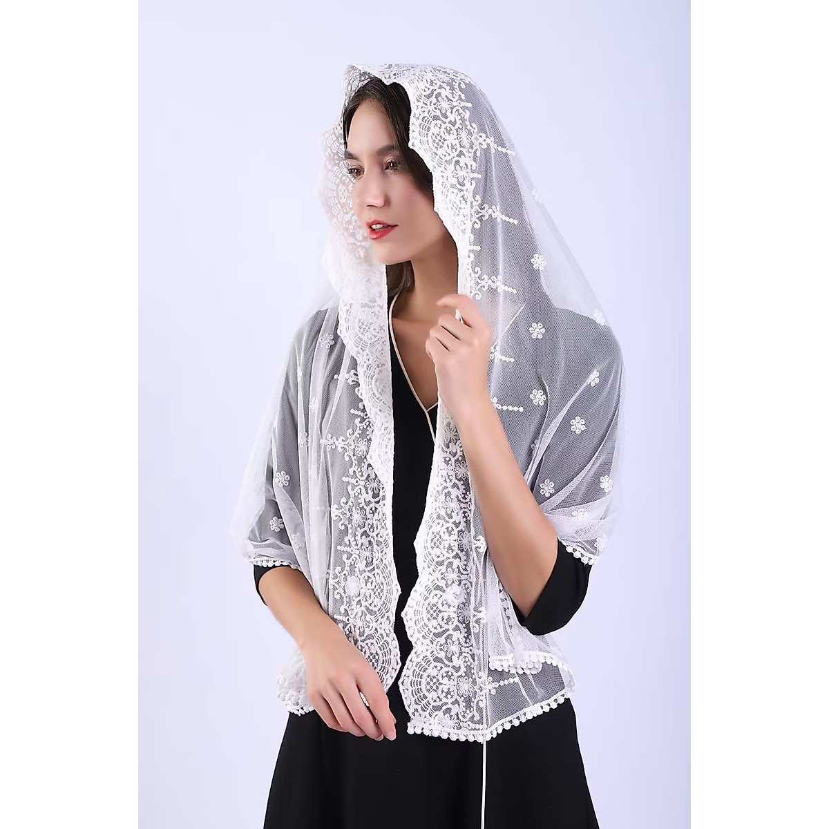 Grettytling Chapel Veil Embroidered Lace Mantilla Church Veil Head Covering Veils for Church Shawl-Scarf Wedding Shawl(White)