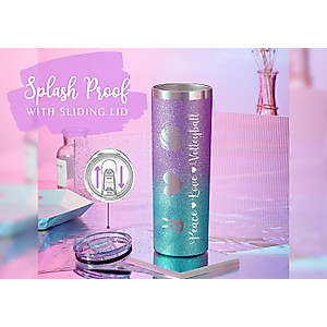 Onebttl Volleyball Gifts for Teen Girls & Team, Stainless Steel Kids Volleyball Tumbler, Double Wall Vacuum Insulated Bottle with Lid and Straw 20oz - Peace Love Volleyball (Glitter Purple Blue)