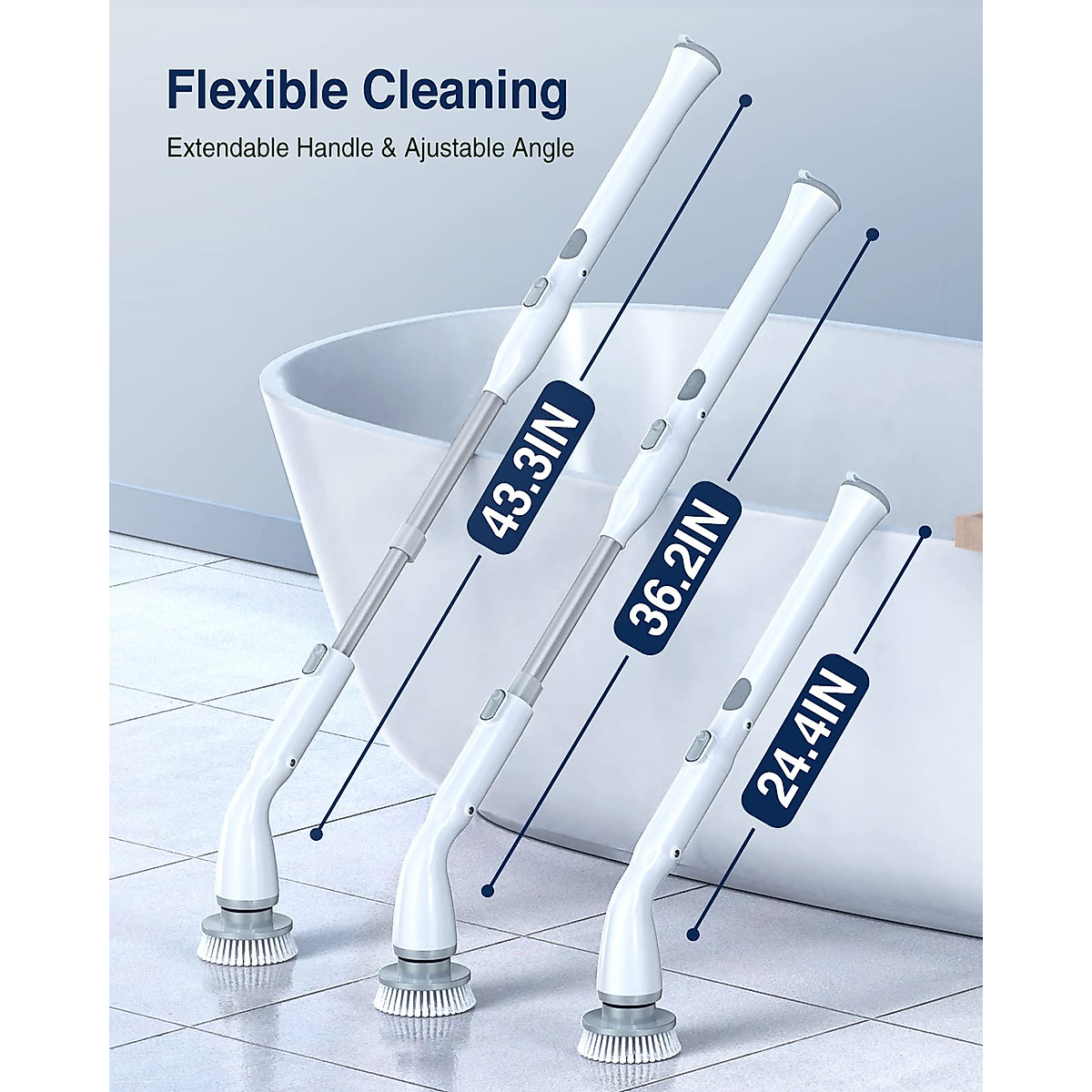 LABIGO Electric Spin Scrubber LA1 Pro, Cordless Spin Scrubber with 4 Replaceable Brush Heads and Adjustable Extension Handle, Power Cleaning Brush for Bathroom Floor Tile (White)