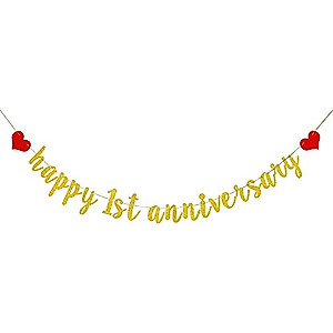 AonBon Gold Happy 1st Anniversary Banner, for 1st Anniversary Party Decoration, 1st Wedding Anniversary Party Decoration Photo Props