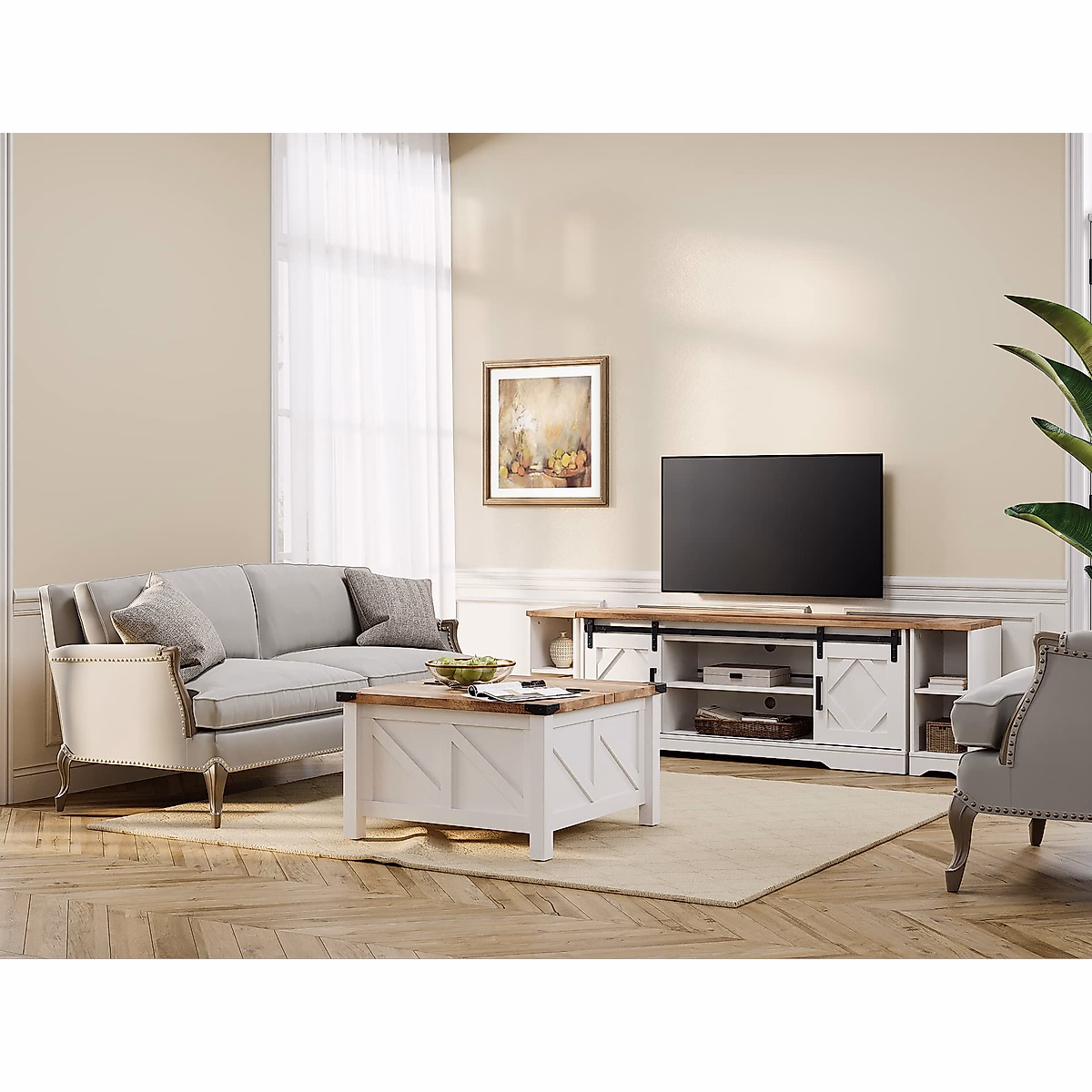 WAMPAT Modern Farmhouse 3 in 1 TV Stand for up to 85" TVs Wood Entertainment Center with Open Storage for Living Room,Antique White