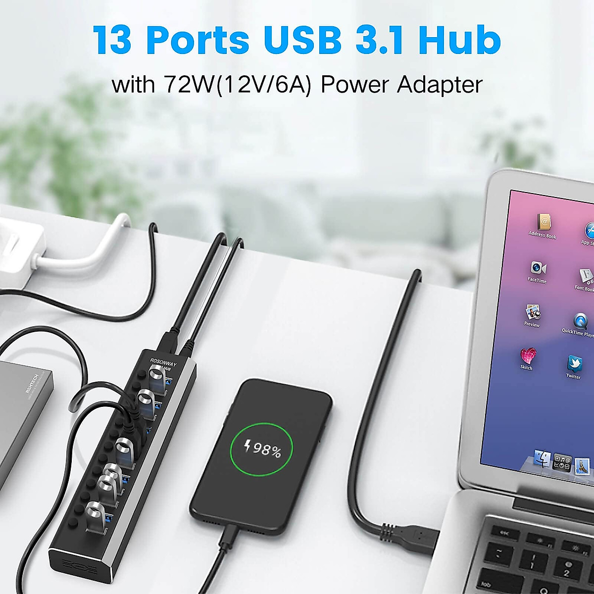 Powered USB Hub Rosonway Aluminum 13 Port USB 3.1/3.2 Gen 2 Hub 10Gbps with 72W (12V/6A) Power Adapter and Individual Switches, Type A and Type C Cables, USB C Hub Expander for PC and Laptop, RSH-A13