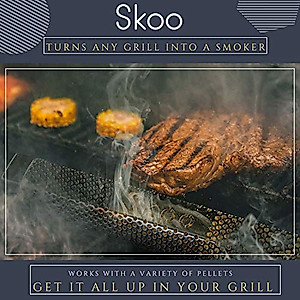 Skoo Pellet Smoker - BBQ Hexagonal Smoking Tube + Brush + Hook + Free EBook + Digital User Guide - 5 Hours of Billowing Smoke - For Electric, Gas, Charcoal Grills or Smokers