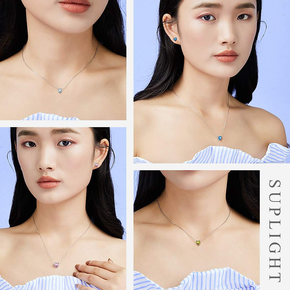 Suplight March Birthstone Necklace 925 Sterling Silver Small Blue Aquamarine Heart Necklace for Women