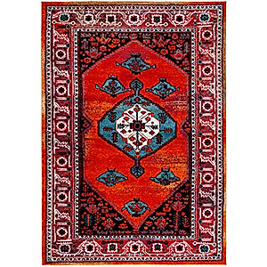 SAFAVIEH Vintage Hamadan Collection Area Rug - 9' x 12', Red & Blue, Traditional Oriental Medallion Design, Non-Shedding & Easy Care, Ideal for High Traffic Areas in Living Room, Bedroom (VTH262Q)