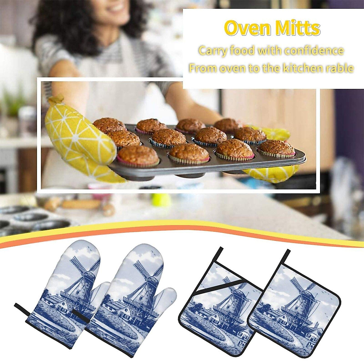 4pcs Oven Mitts and Pot Holders Set,Heat Resistant Oven Glove,Heat Resistant Pot Holders ,for Cooking Baking BBQ Kitchen Sets (Style 1)