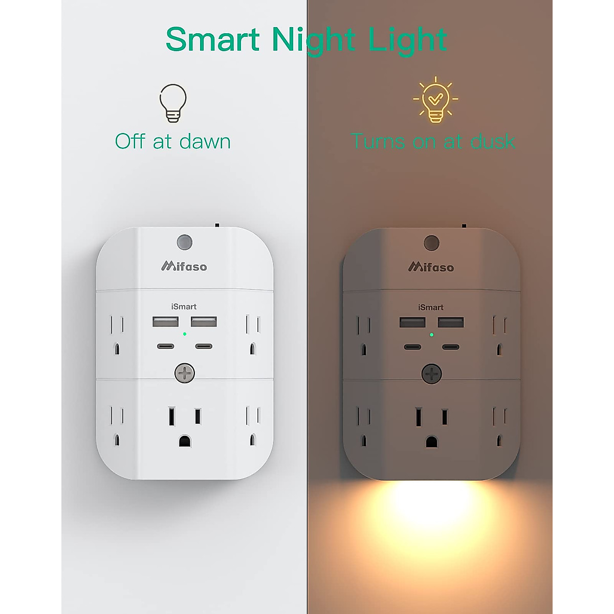 Outlet Extender with Night Light, 5-Outlet Surge Protector with 3 USB Charging Ports, 1800J Power Strip Multi Plug Outlets Wall Adapter Expander with Spaced Outlets for Home, School, Office