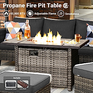 ovios 6 Pieces Patio Furniture Set with 42 inches Fire Pit Table, Outdoor Wicker Rattan Sofa Sets with Comfy Cushions, All Weather High Back Couch Conversation Set, Black