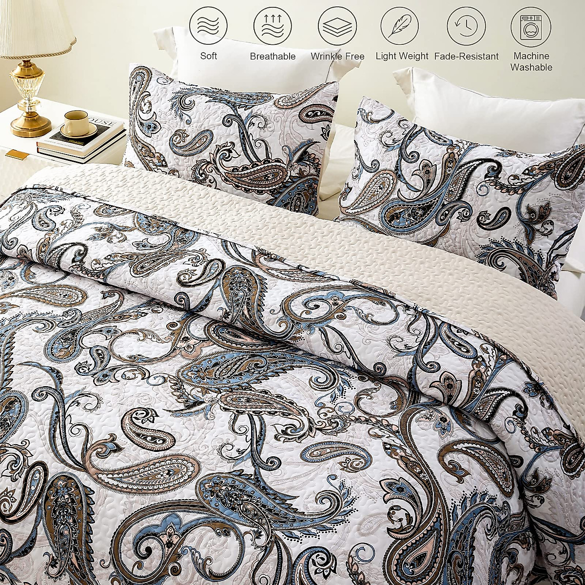 Whale Flotilla Reversible Paisley Quilts King Size, Lightweight Boho Printed Bedspreads Coverlets Quilt Bedding Set with 2 Pillow Shams for All Seasons, Bone/Grey