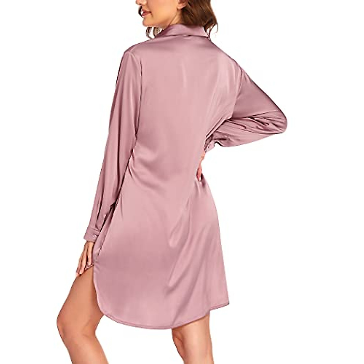 Ekouaer Nightwear for Women Sexy Satin Sleepshirt Long Sleeve Classic Sleepdress Dark Pink XLarge